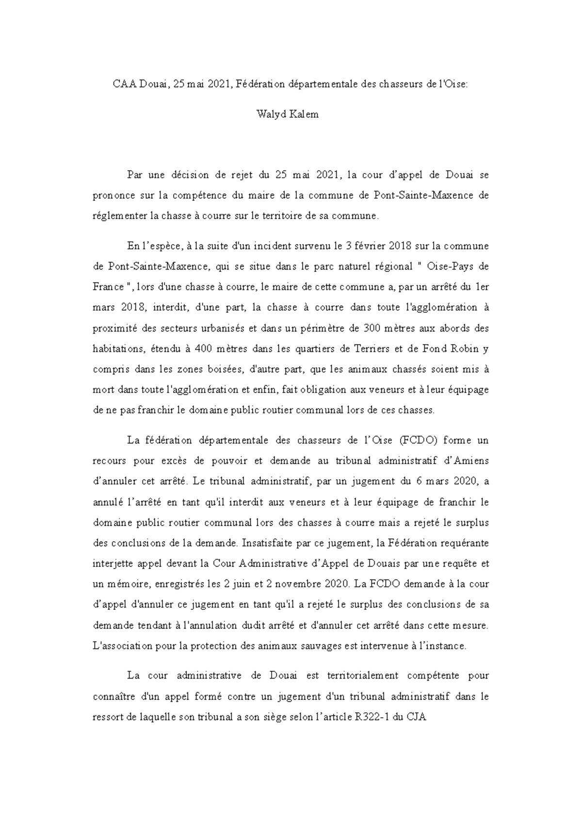 Commentaire admin séance 7 - CAA Douai, 25 mai 2021, Fédération ...