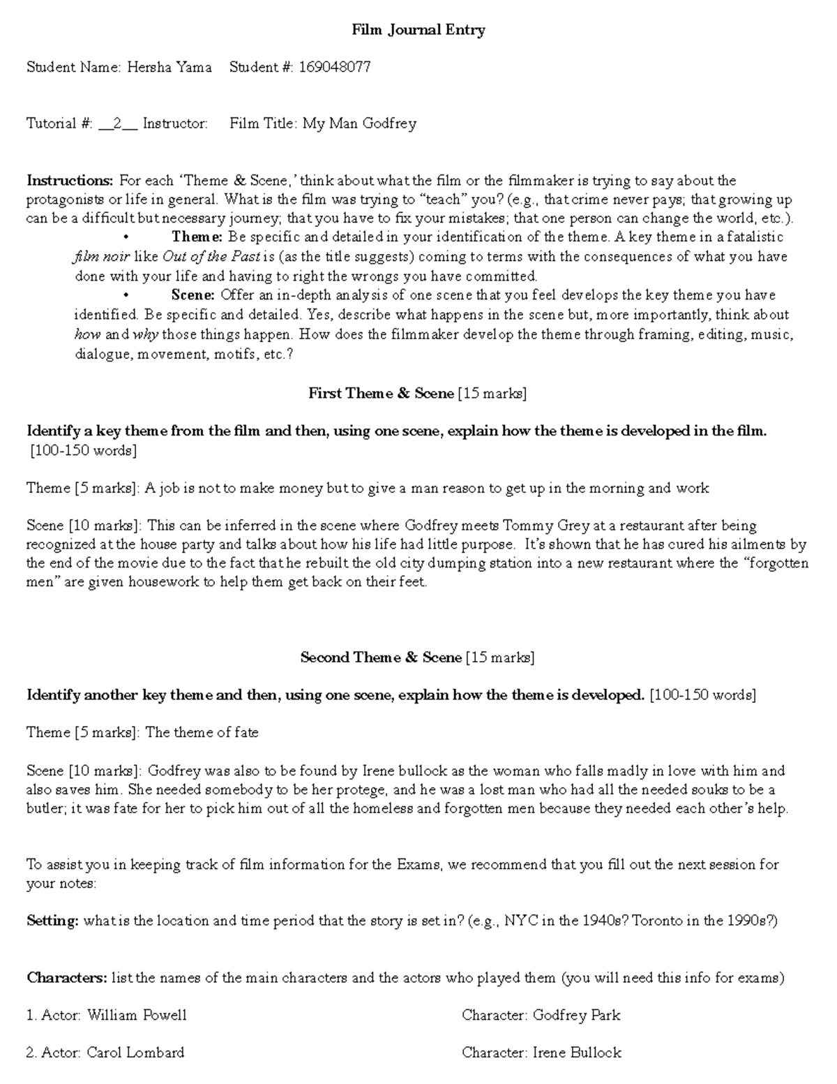 Film Journal form - Film Journal Entry Student Name: Hersha Yama ...