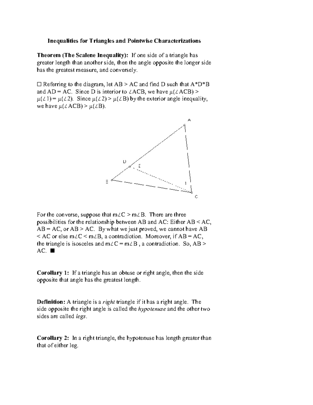 Inequalities for Triangles - ~ Referring to the diagram, let AB > AC ...