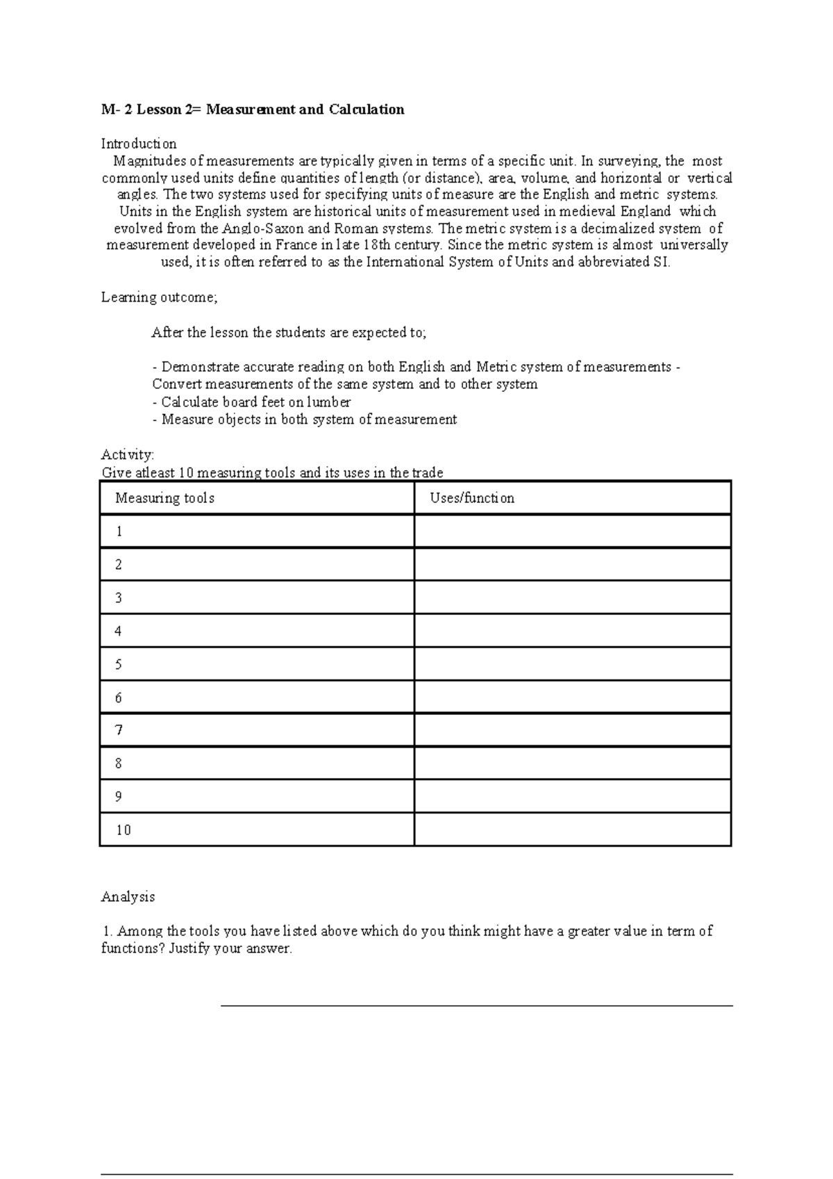 Lesson 2 module 2 Intro - pleasee - M- 2 Lesson 2= Measurement and ...