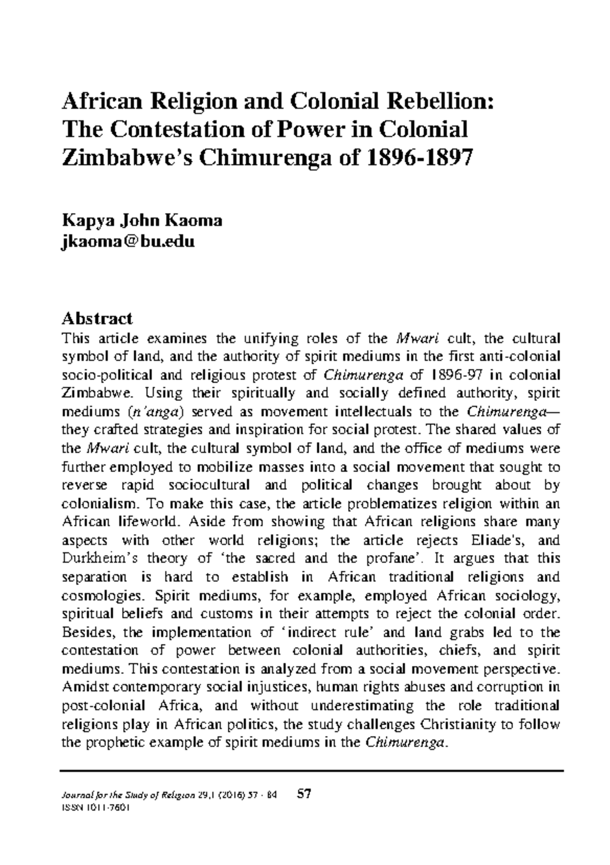 Chimurenga - notes - Journal for the Study of Religion 29,1 (2016) 57 ...