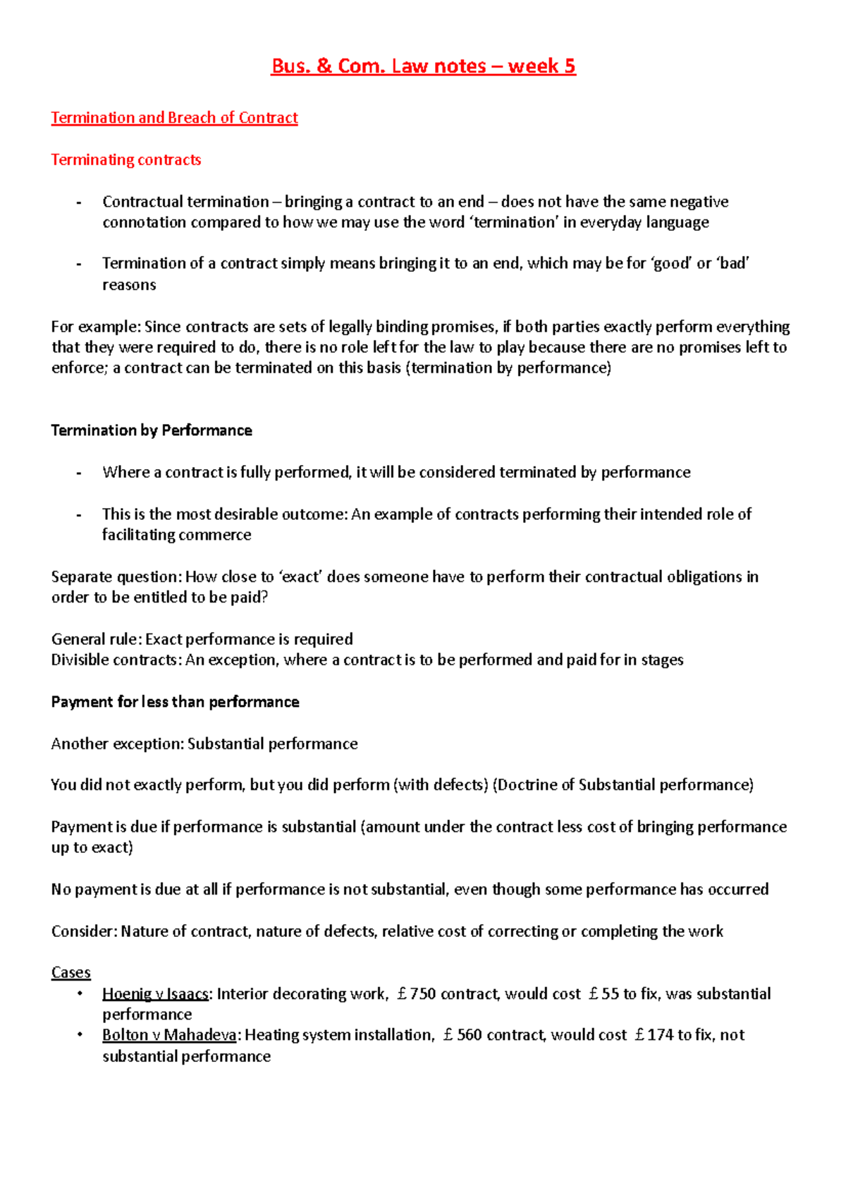 Bus. & Com. notes - week 5 - Bus. & Com. Law notes – week 5 Termination ...