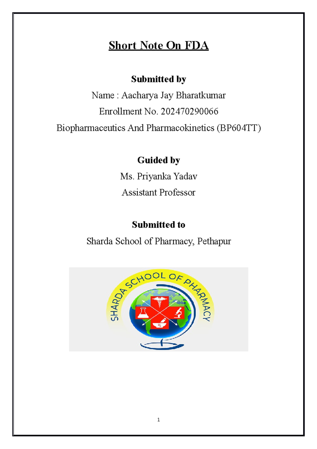 Short Note On FDA - BP 0066 - Short Note On FDA Submitted by Name ...