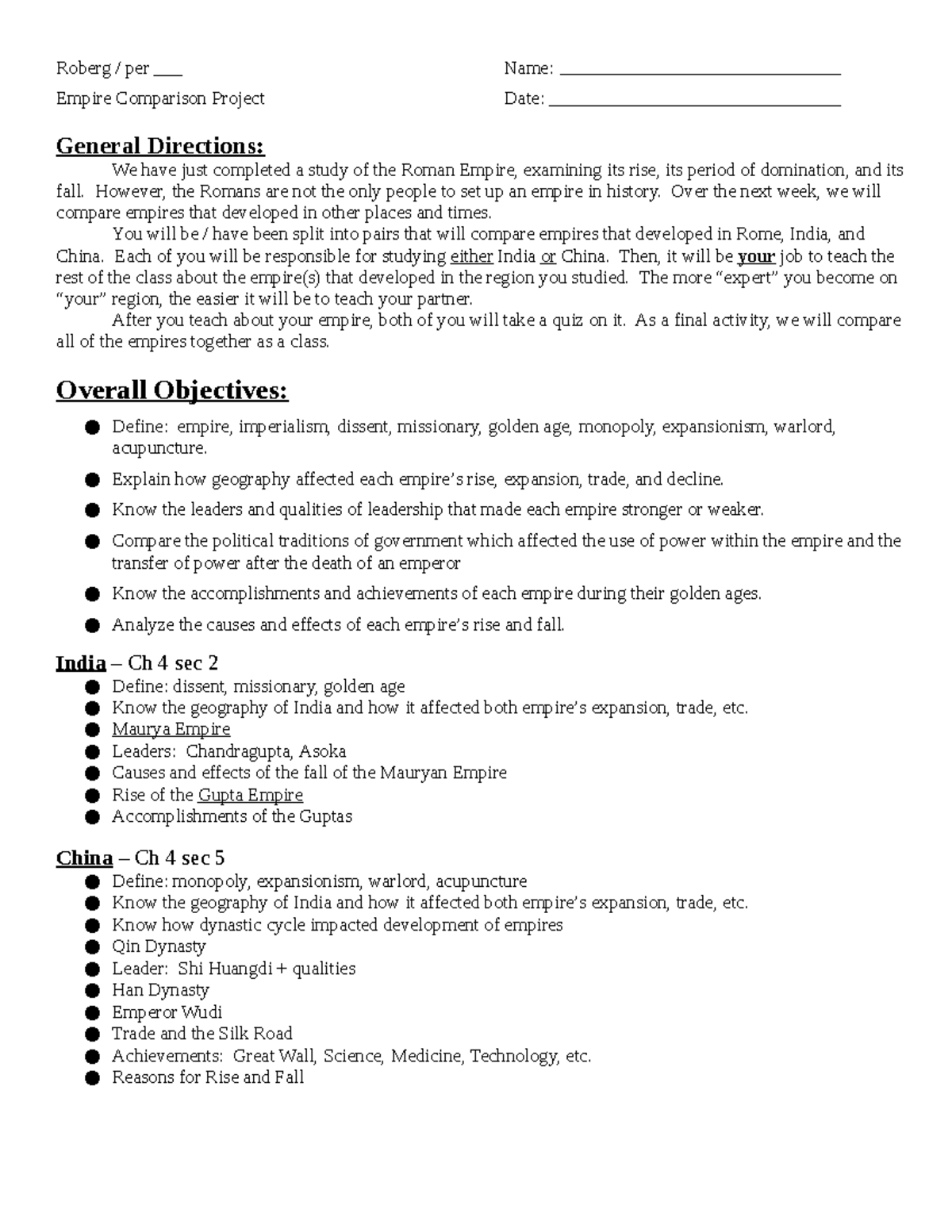 Empires Comparison Jigsaw Rome China India - Roberg / per ___ Name ...
