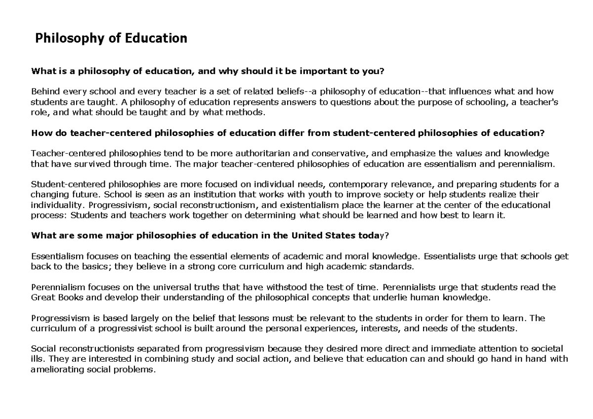 Philosophy of Education - A philosophy of education represents answers ...