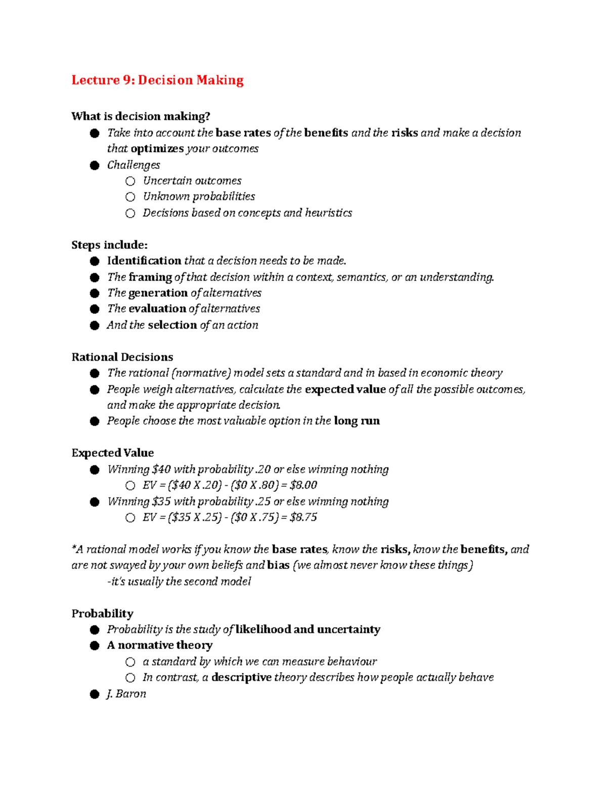 Lecture 9 Decision Making - Lecture 9: Decision Making What is decision ...