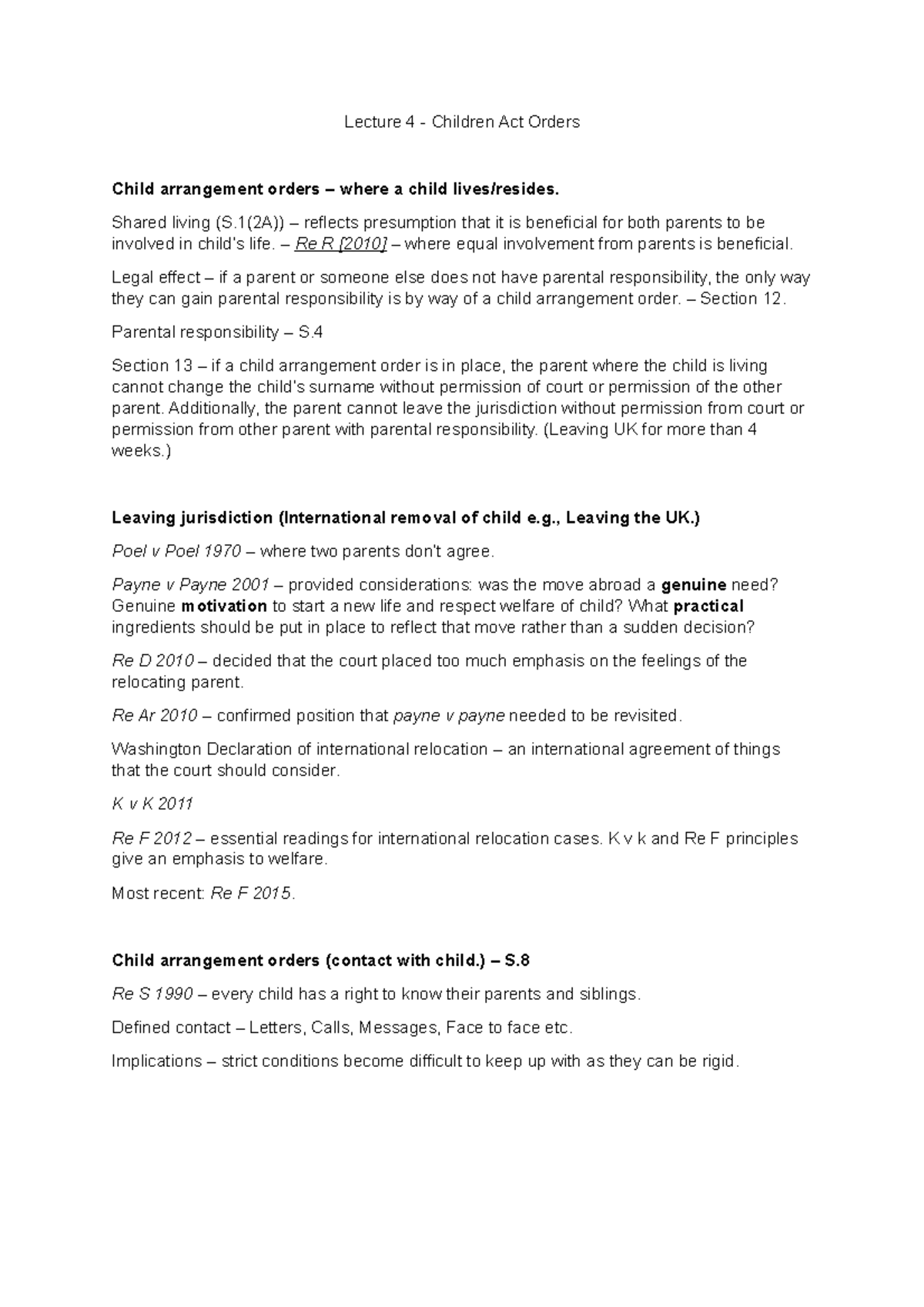 Lecture 4 - Chid law - Lecture 4 - Children Act Orders Child ...