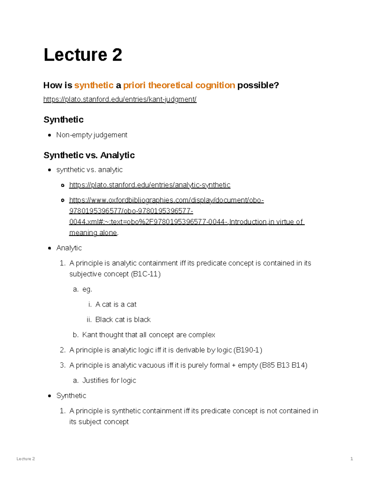 Kant C115 Lecture 2 notes - Lecture 2 1 Lecture 2 How is synthetic a ...