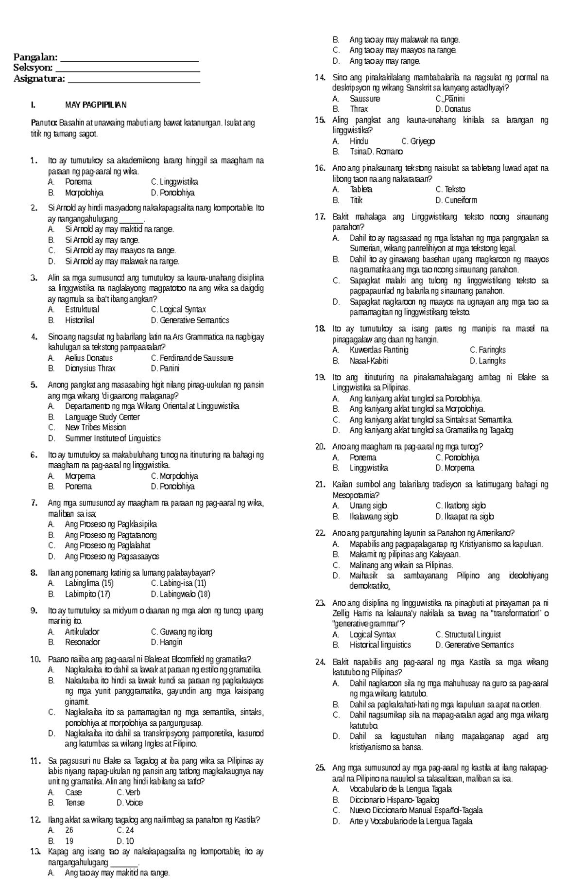 FIL-3- Reviewer - Pangalan: _______________________ Seksyon: ________________________ Asignatura ...