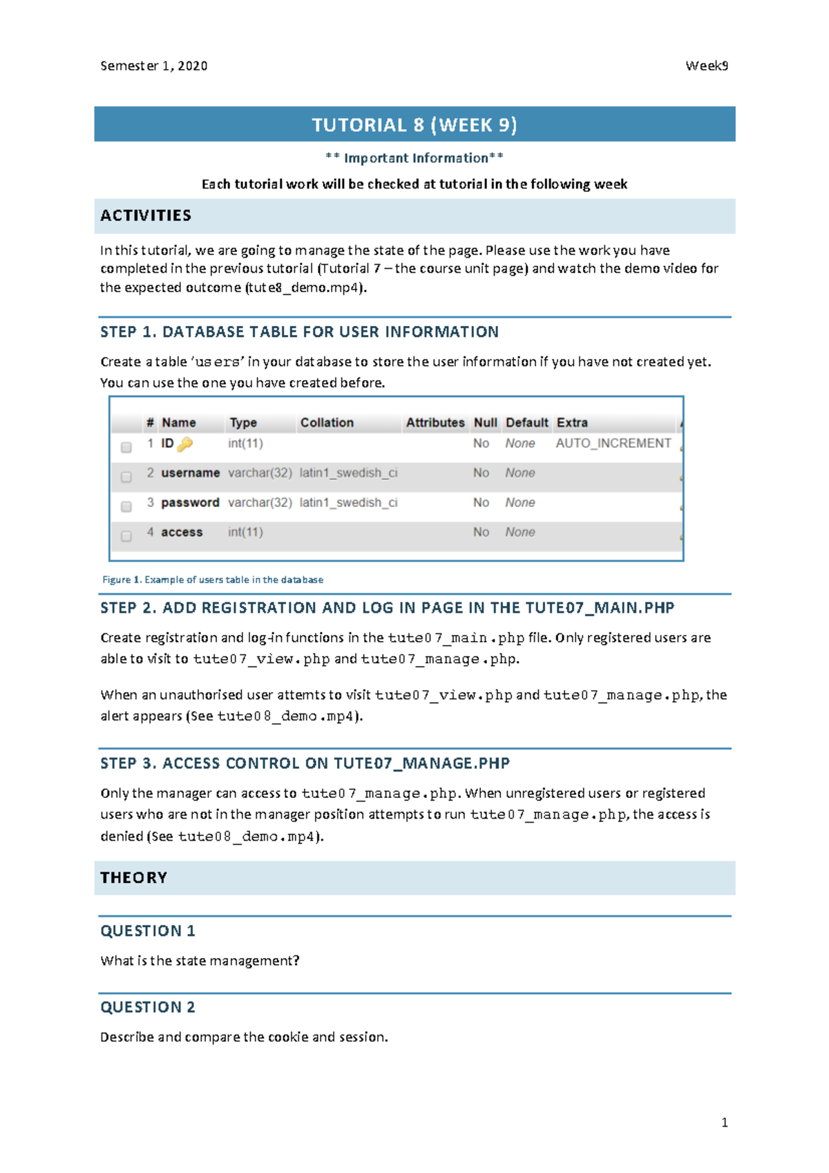 Tute08 - KIT502 - Semester 1, 2020 Week 9 1 TUTORIAL 8 (WEEK 9) **** Important Information ...
