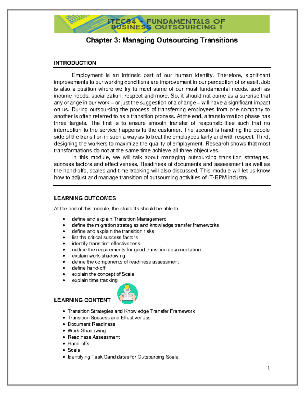 Chapter 3 - Managing Outsourcing Transition - Chapter 3: Managing ...