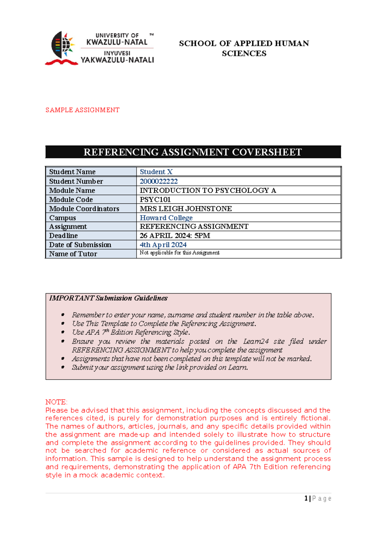 PSYC101 Sample Assignment - SCHOOL OF APPLIED HUMAN SCIENCES SAMPLE ...