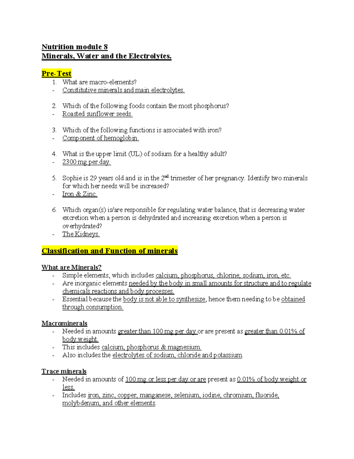Module 8 - Minerals, Water and Electrolytes - Nutrition module 8 ...