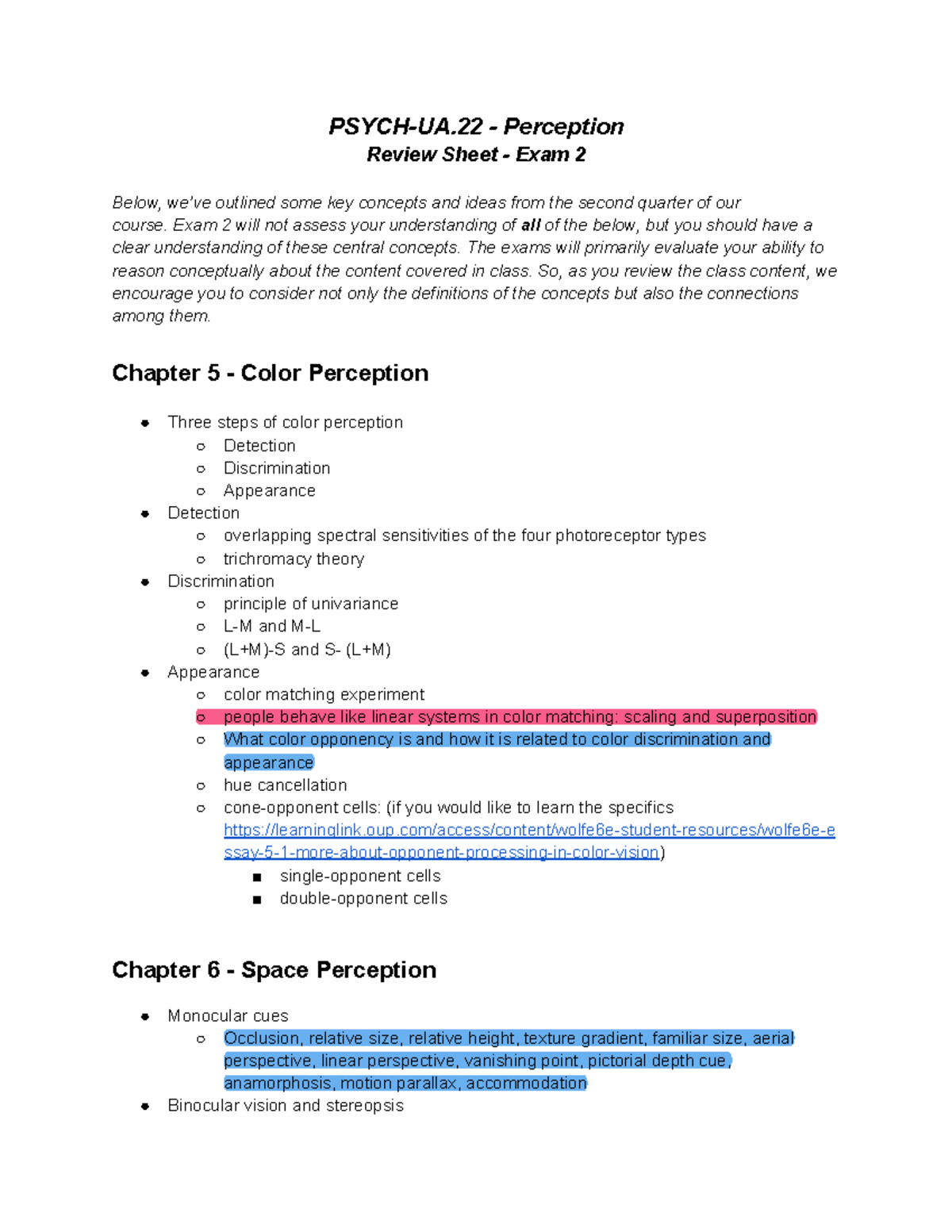 Exam 2 review sheet - PSYCH-UA - Perception Review Sheet - Exam 2 Below, we’ve outlined some key ...