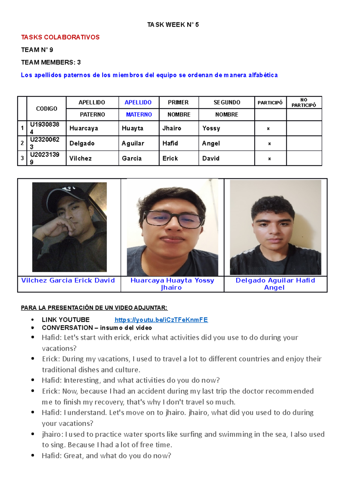 Tarea Academica N°1 - TASK WEEK N° 5 TASKS COLABORATIVOS TEAM N° 9 TEAM MEMBERS: 3 Los apellidos ...
