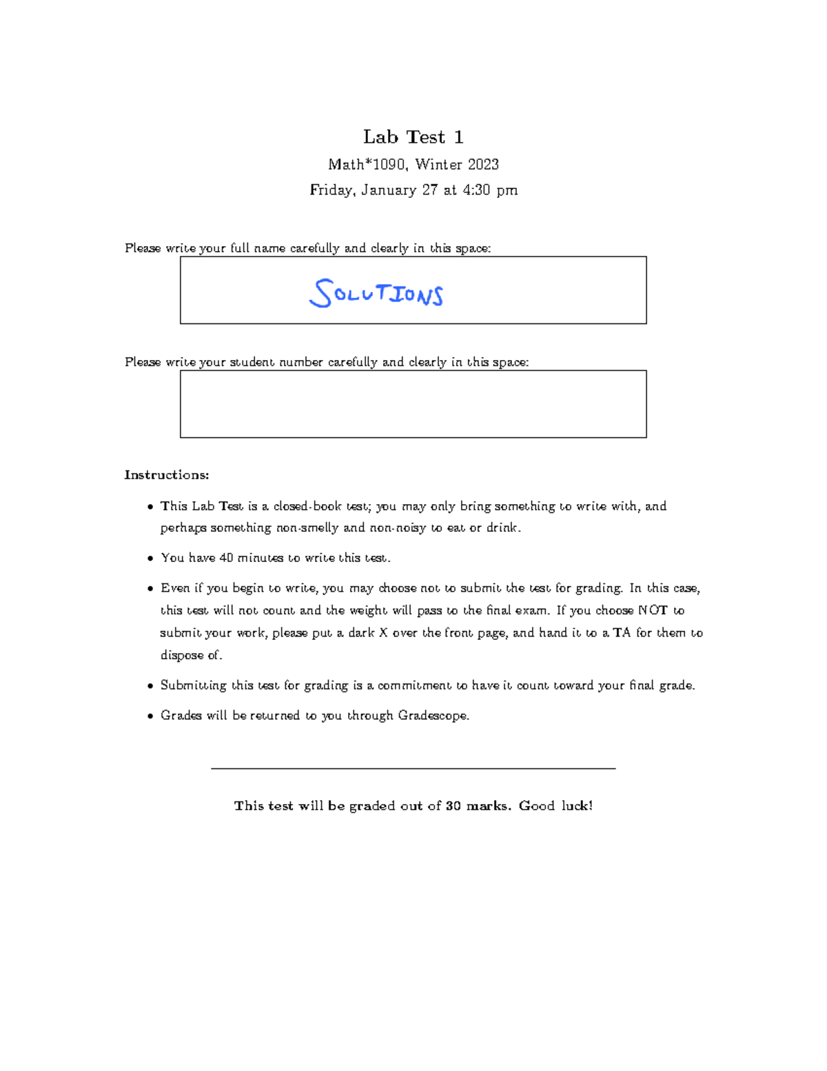 Lab Test 1 - W23 - First Draft - Solutions - Lab Test 1 Math*1090 ...