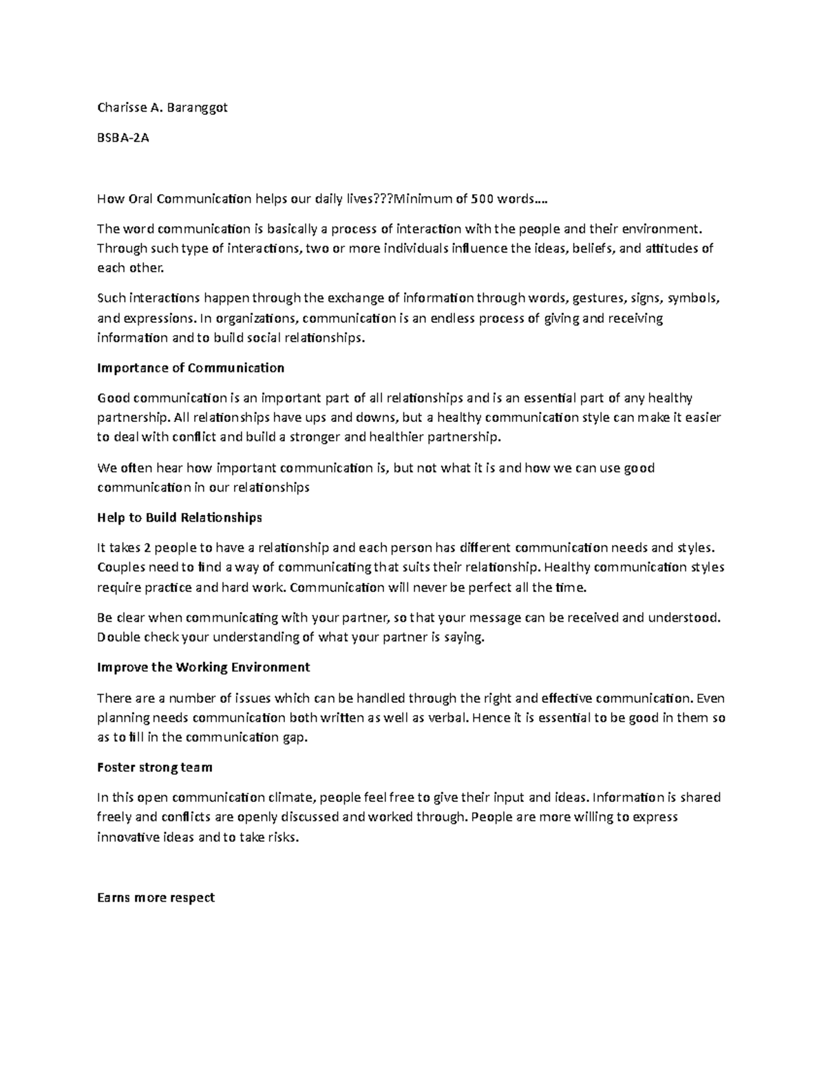 Oral communication asssngmnt - Charisse A. Baranggot BSBA-2A How Oral ...