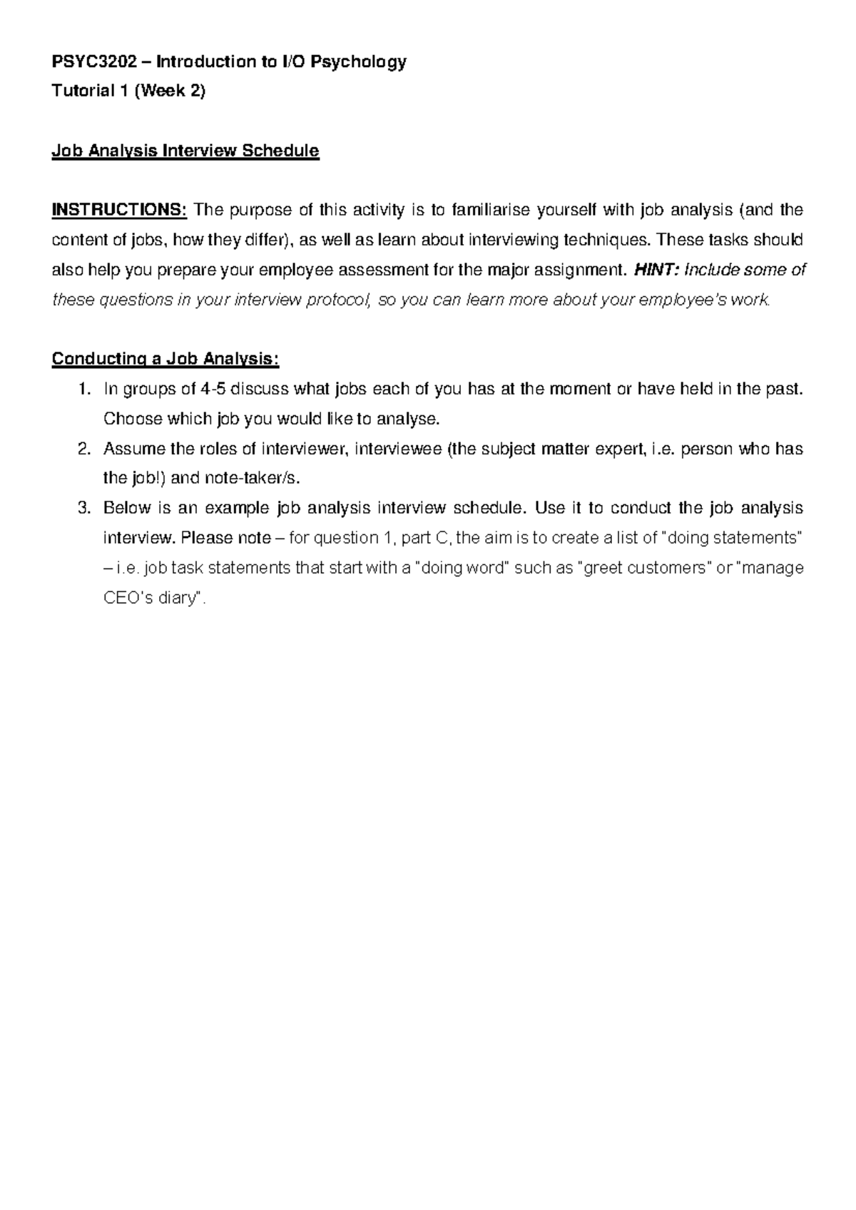 Job Analysis - PSYC3202 – Introduction to I/O Psychology Tutorial 1 ...