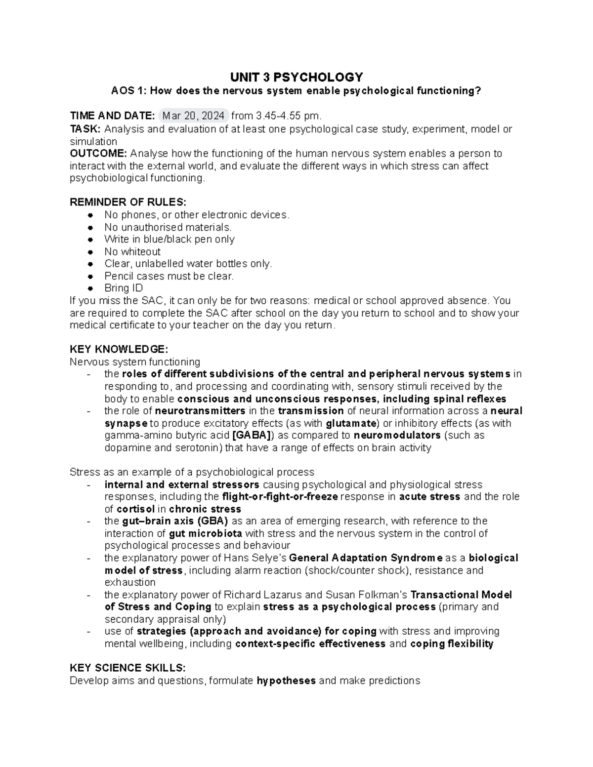 SAC Notification Checklist - UNIT 3 PSYCHOLOGY AOS 1: How does the ...