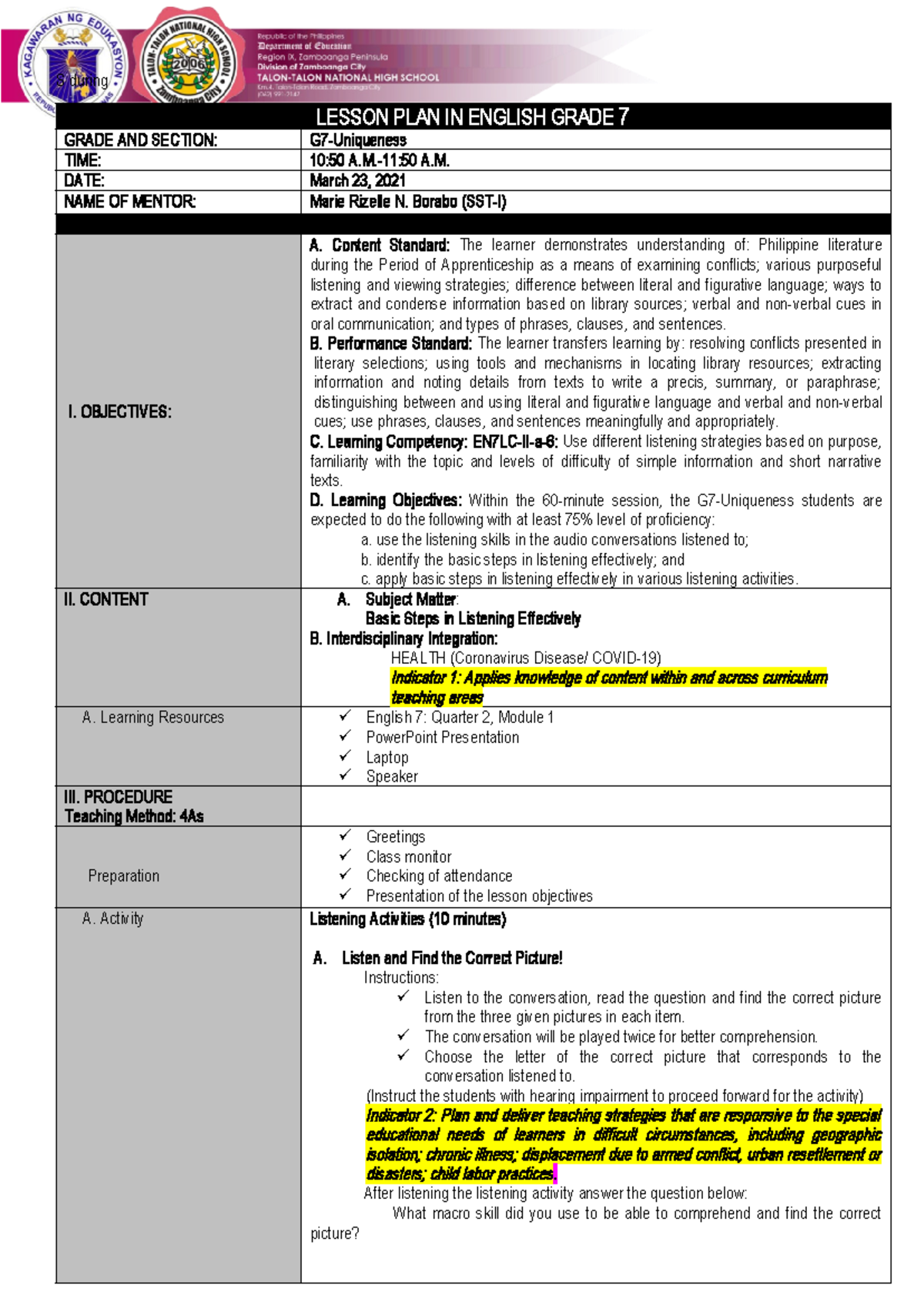 LP5 - Practice Materials/ English Lesson Plan for Grade 7 - S during ...
