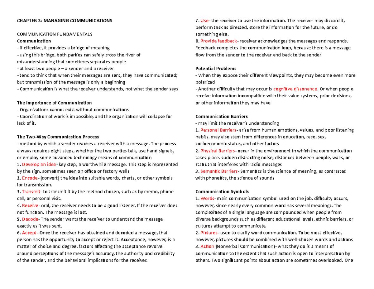 HBO Reviewer - Lecture notes 3 - CHAPTER 3: MANAGING COMMUNICATIONS ...