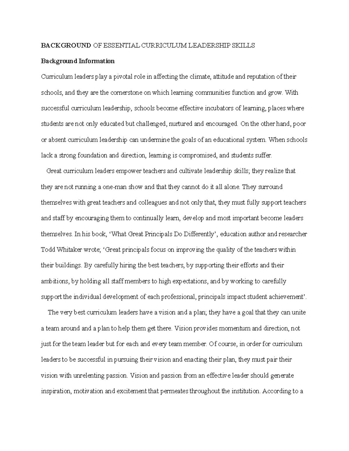 Background OF Essential Curriculum Leadership Skills - BACKGROUND OF ...