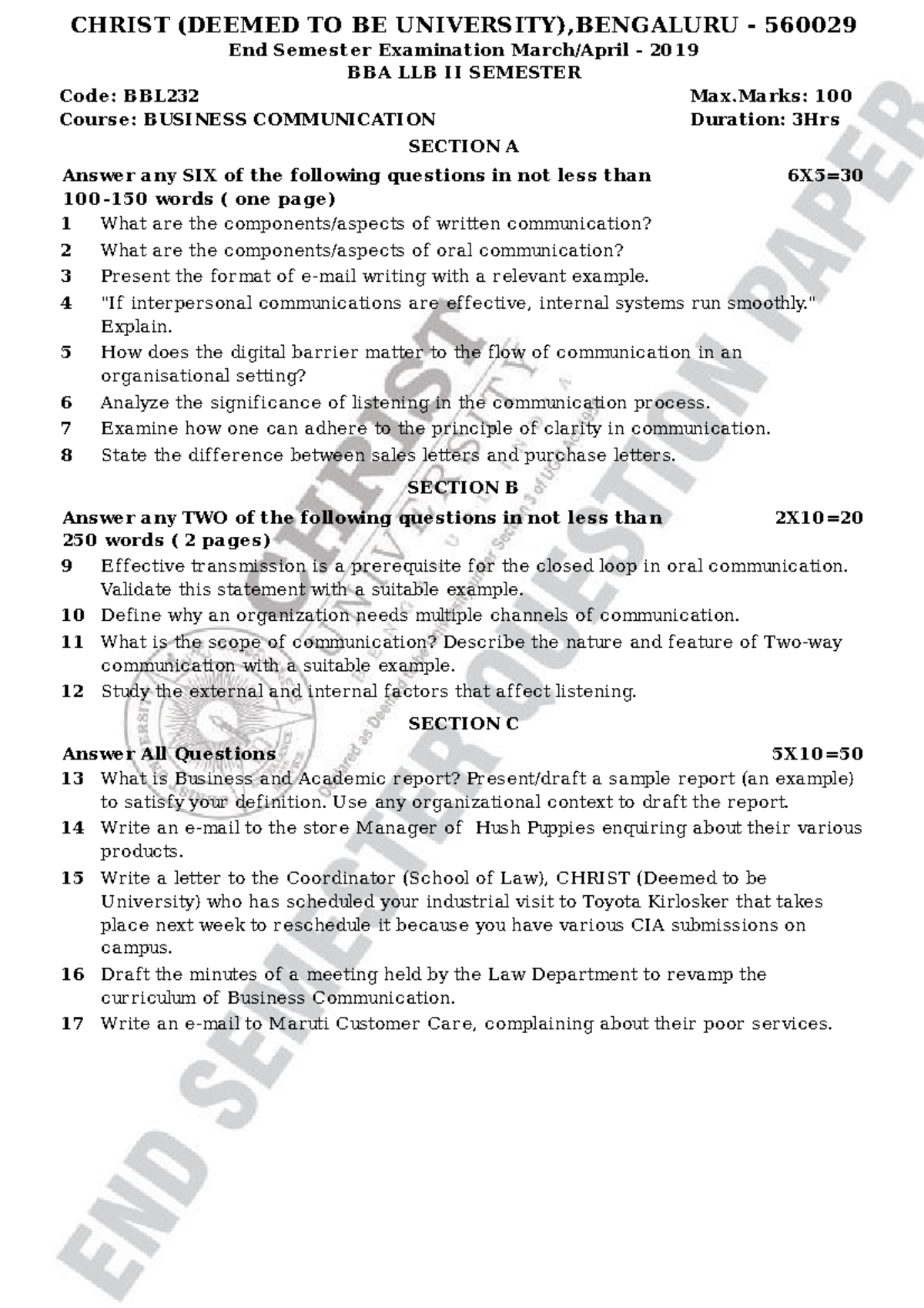 BBL232 - question paper - CHRIST (DEEMED TO BE UNIVERSITY),BENGALURU ...