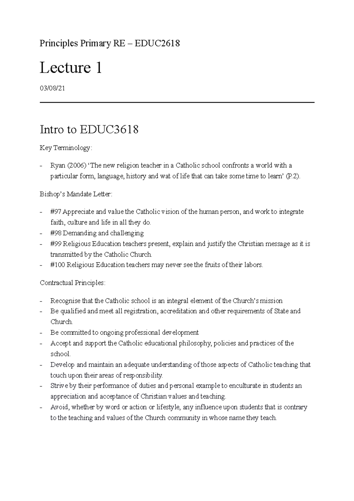 RE Lecture Notes - Principles Primary RE – EDUC Lecture 1 03/08/ Intro ...