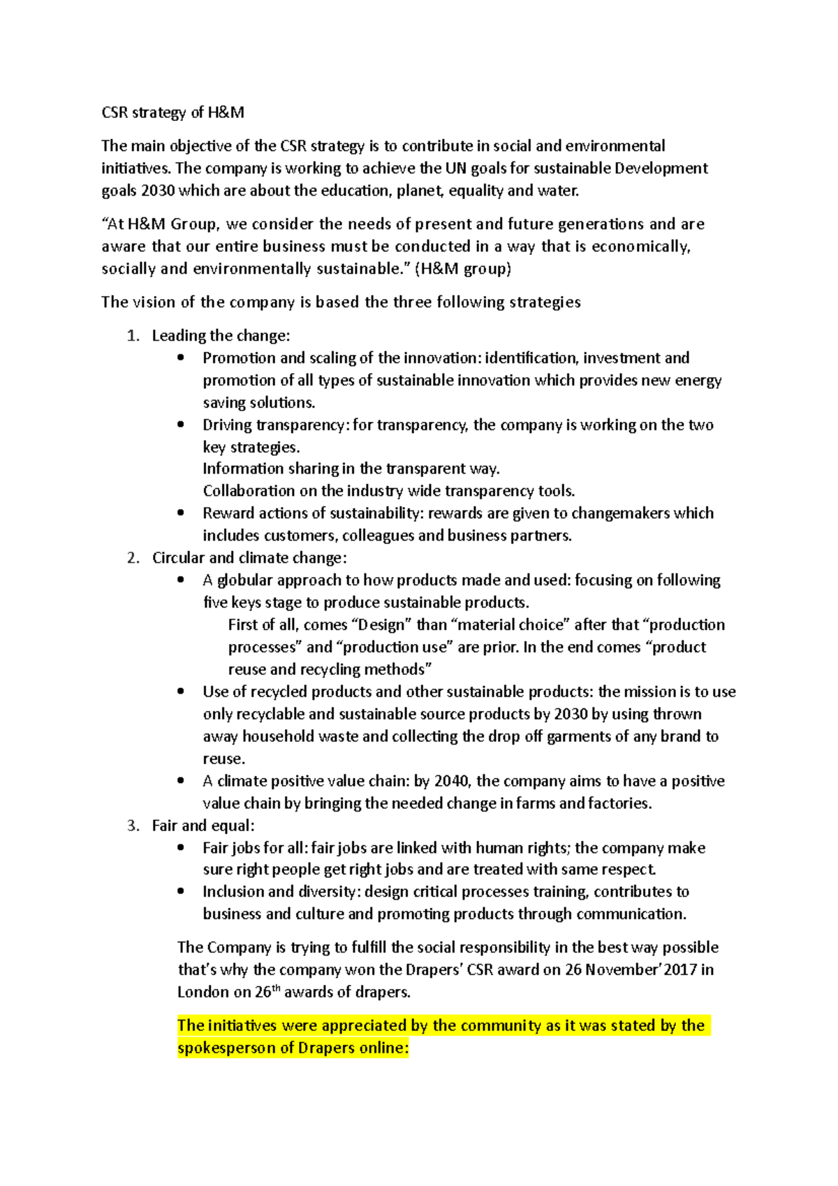 CSR strategy of H - csr startegy of HnM - CSR strategy of H&M The main ...