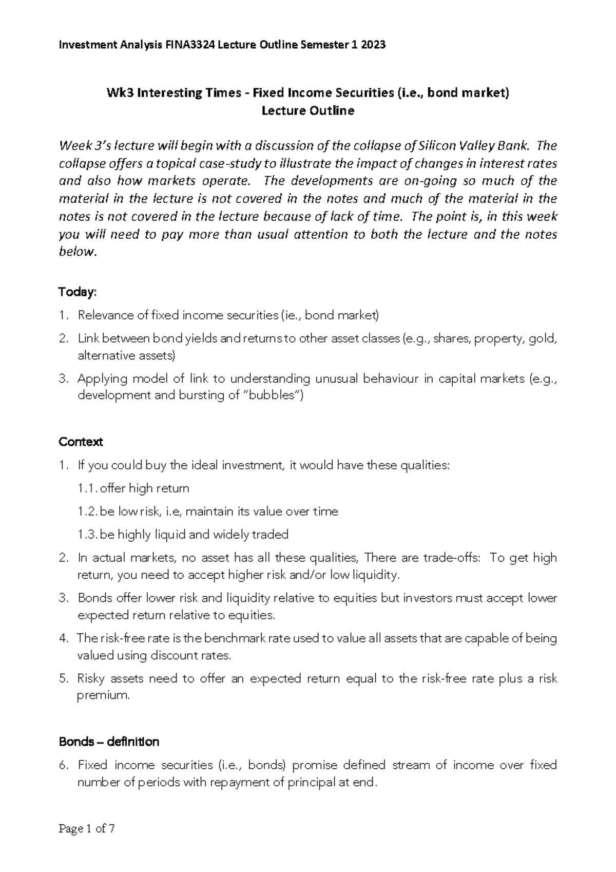 tutorial 3.1 for investment analysis - Wk3 Interesting Times - Fixed Income Securities (i., bond ...