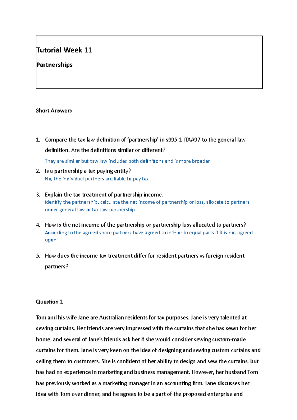 Partnerships week 10 - tutorial questions with answers - Tutorial Week ...