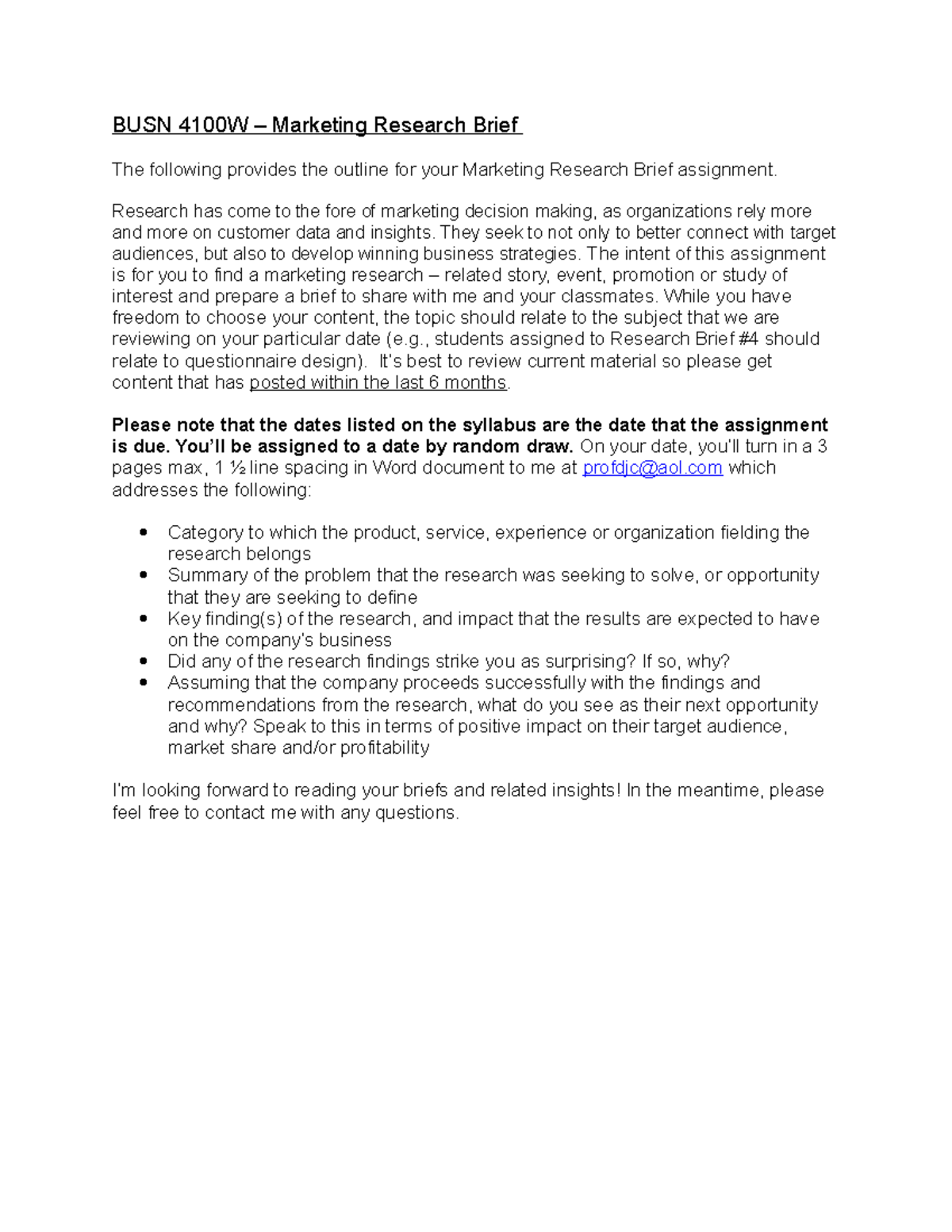 Marketing Research Brief online outline - BUSN 4100W – Marketing ...