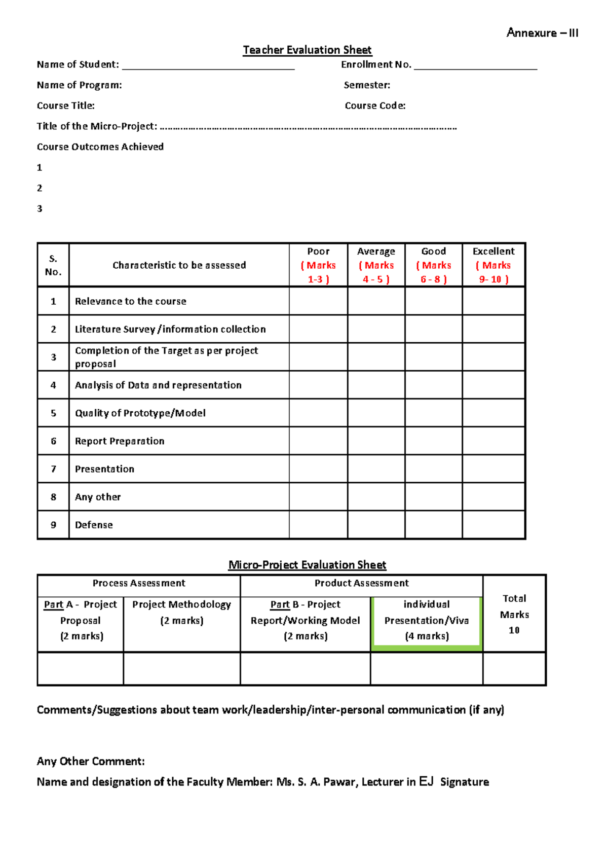 Microproject evaluation sheet - Annexure – III Teacher Evaluation Sheet ...