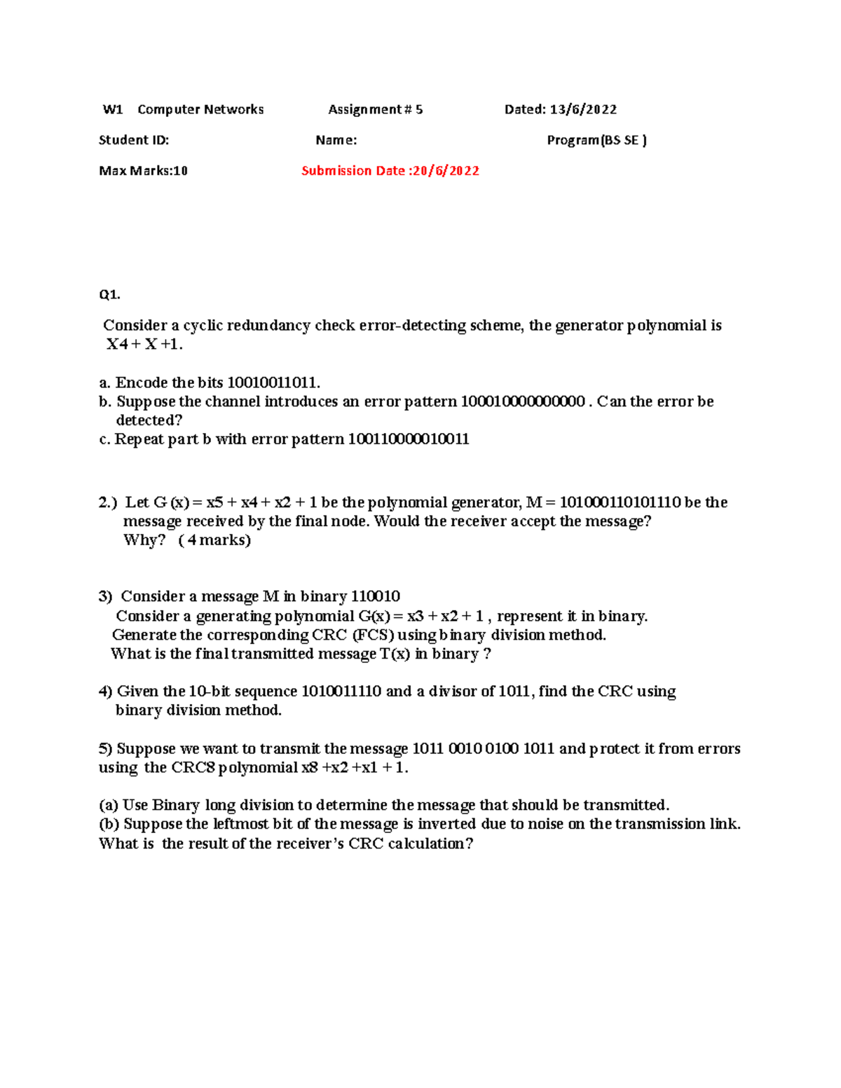 Assignment #5 SE 332 CN W1 - W1 Computer Networks Assignment # 5 Dated ...