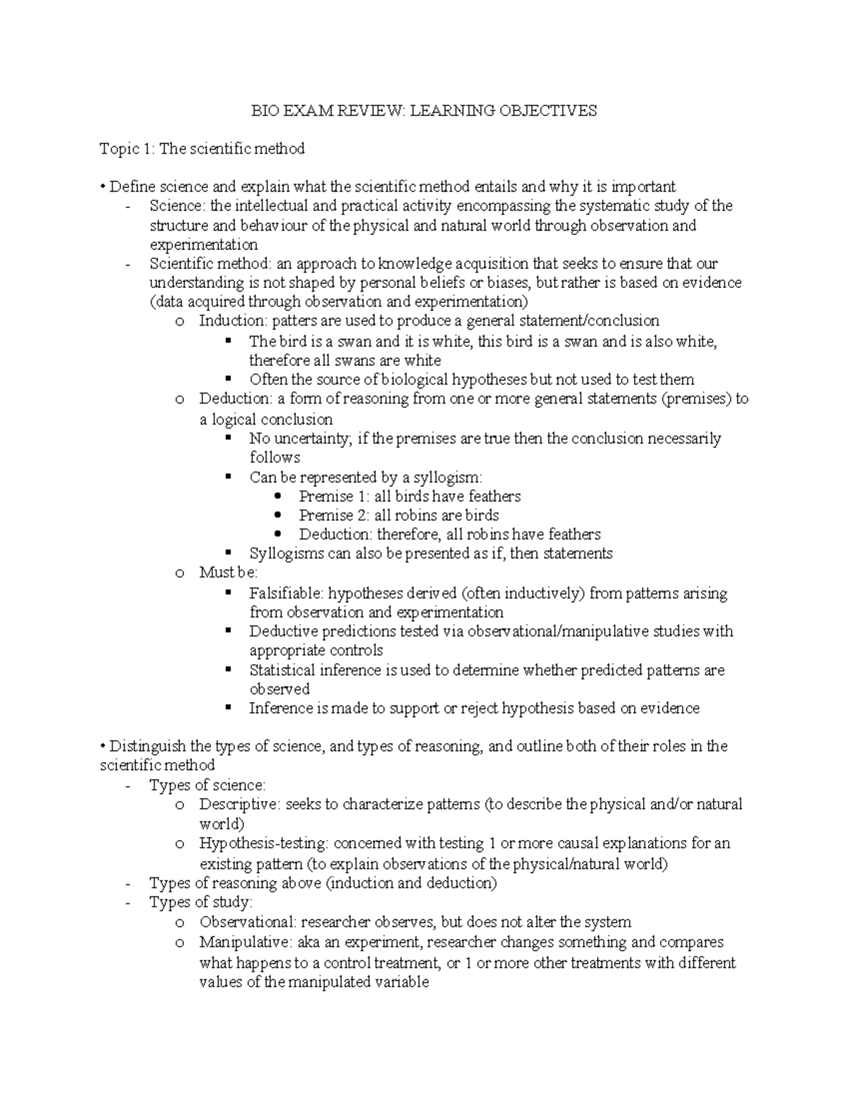 BIO EXAM Review 2 - Learning objectives for topics 1-16 in preparation ...