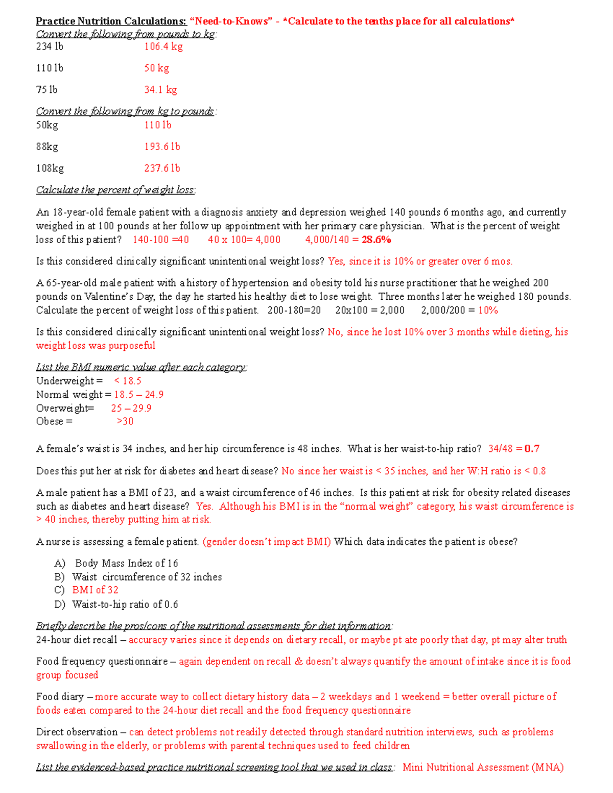 Practice Nutrition Calculations(Answer Key)-4 - Practice Nutrition ...