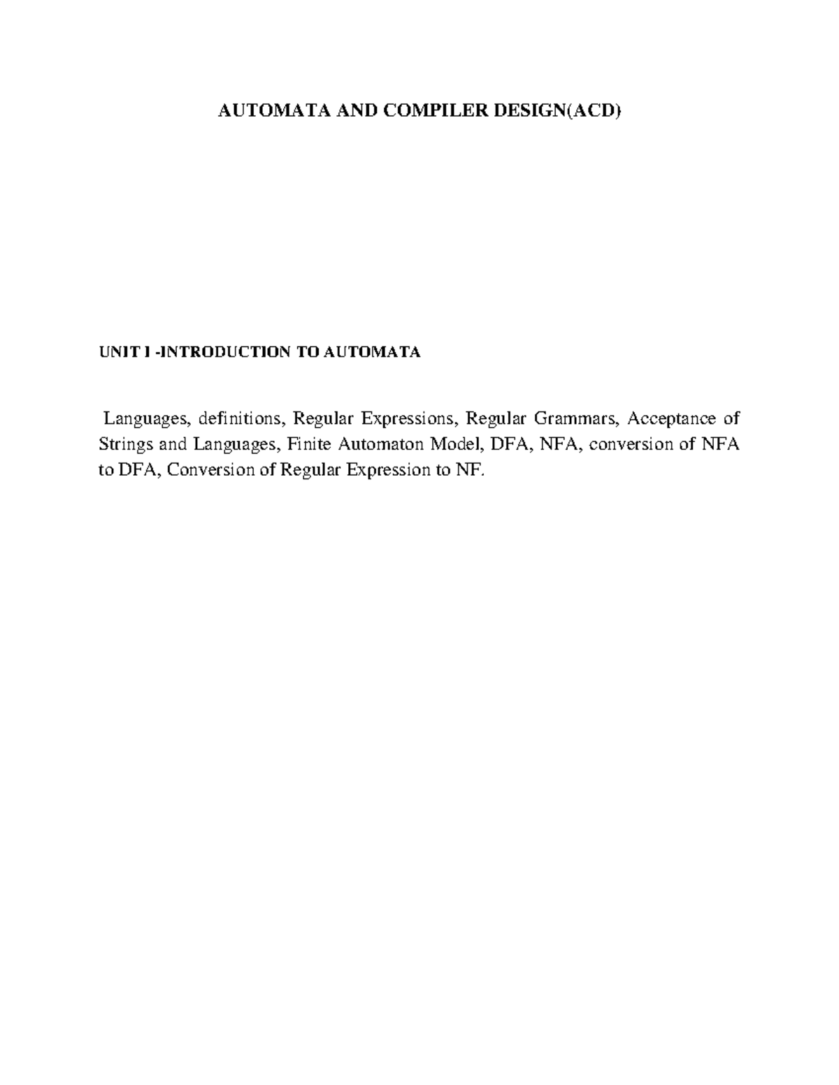 UNIT I -INTRODUCTION TO AUTOMATA - AUTOMATA AND COMPILER DESIGN(ACD ...