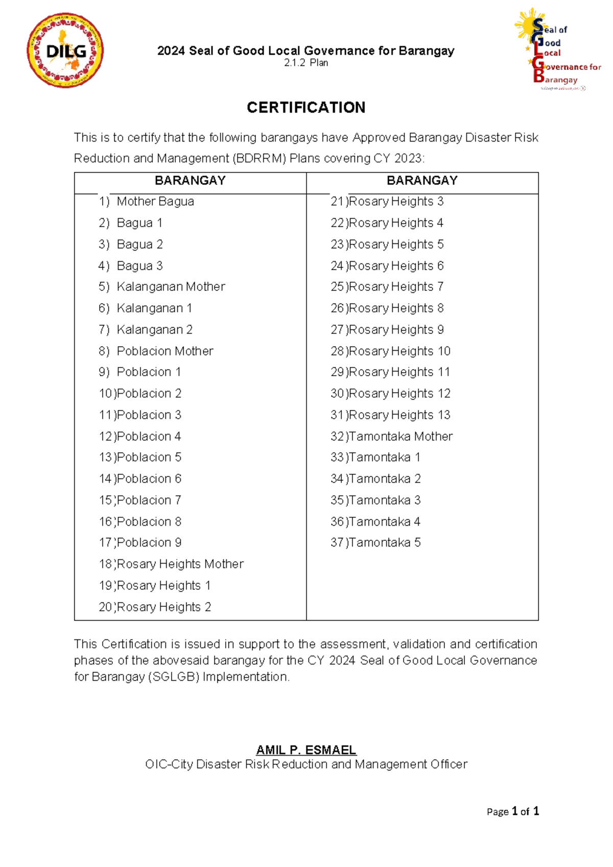 2.1.2 Certification ( Mdrrmo)-Presence of Bdrrm Plan - 2024 Seal of ...