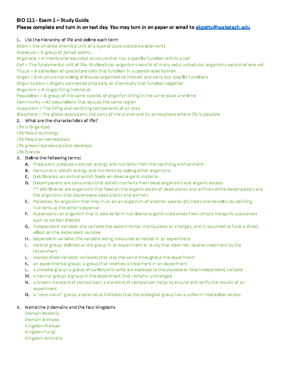 Kaligotla EXAM 1 Study Guide ch1-3 - BIO 111 - Exam 1 – Study Guide ...