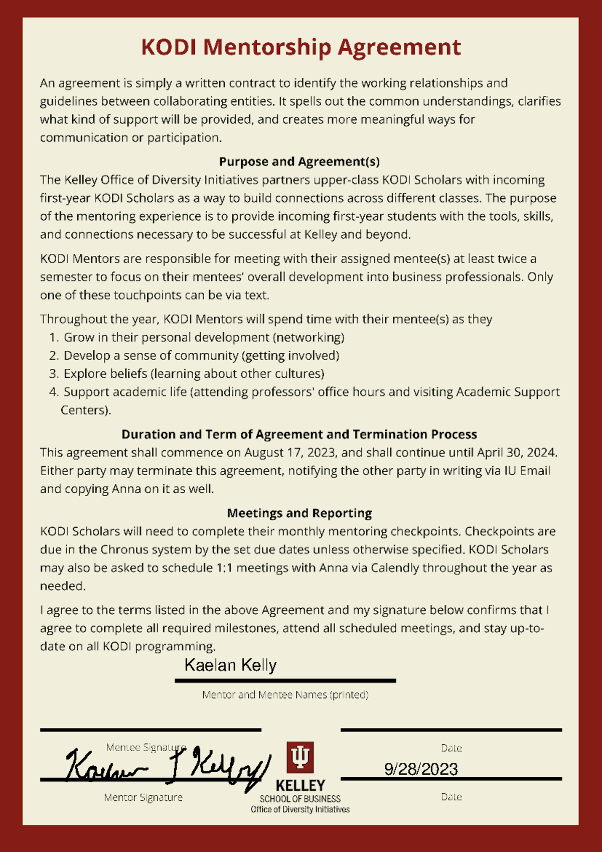 KODI Mentor Agreement - For the class - HUBI B490 - Studocu