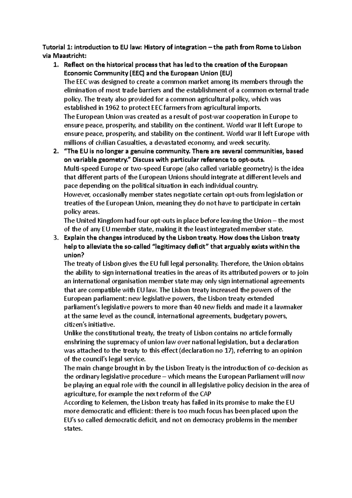 Tutorial 1 - n/a - Tutorial 1: introduction to EU law: History of ...