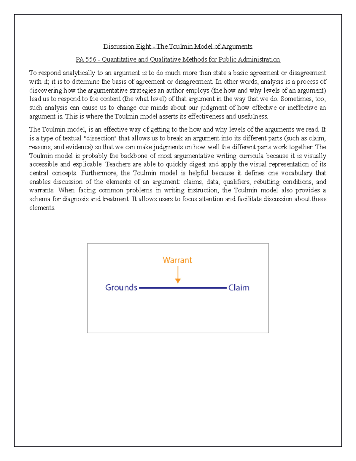 PA 556-Discussion Eight - Discussion Eight - The Toulmin Model of Arguments PA 556 ...