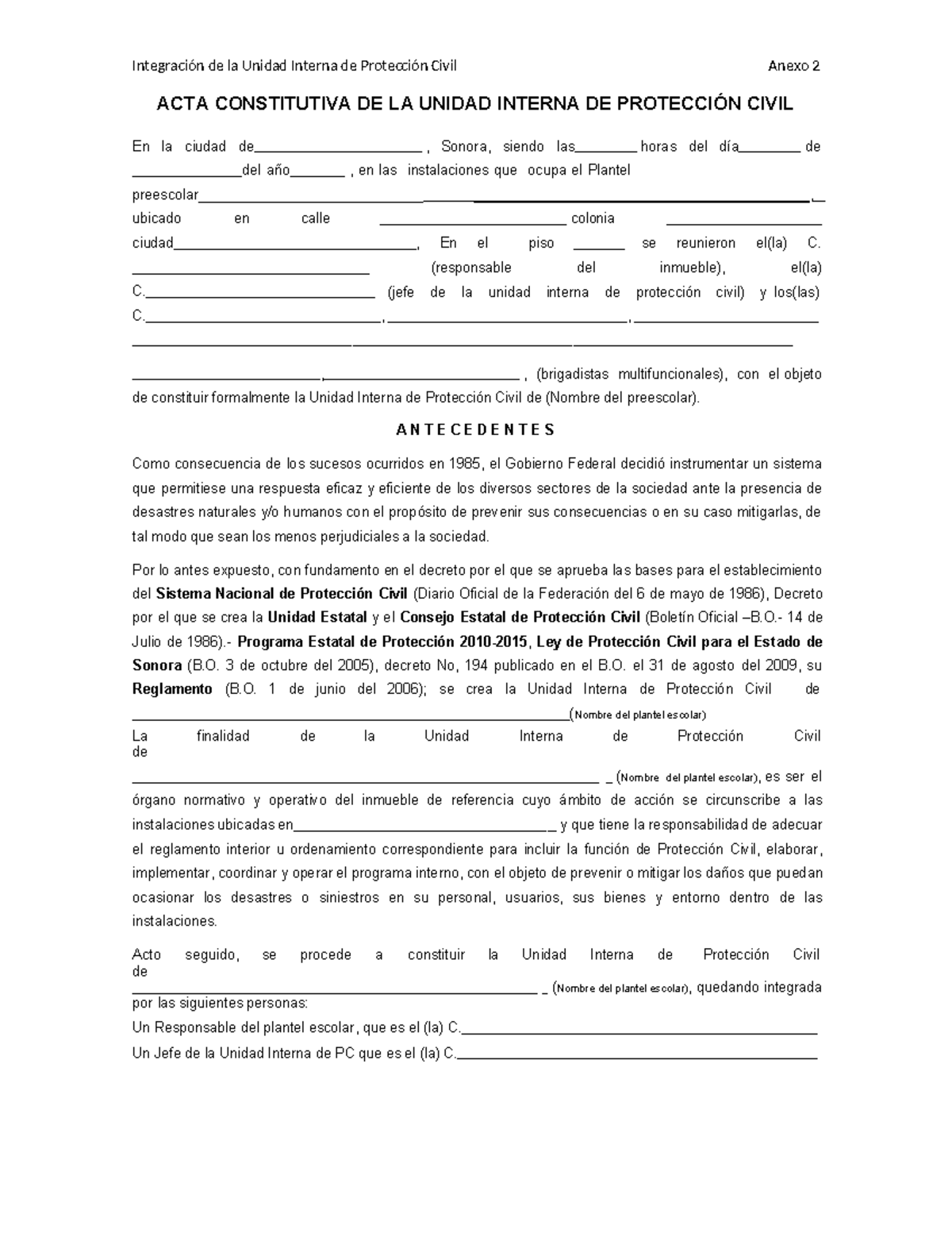 Anexo 2 Acta Constitutiva de la UIPC - Integración de la Unidad Interna de Protección Civil ...