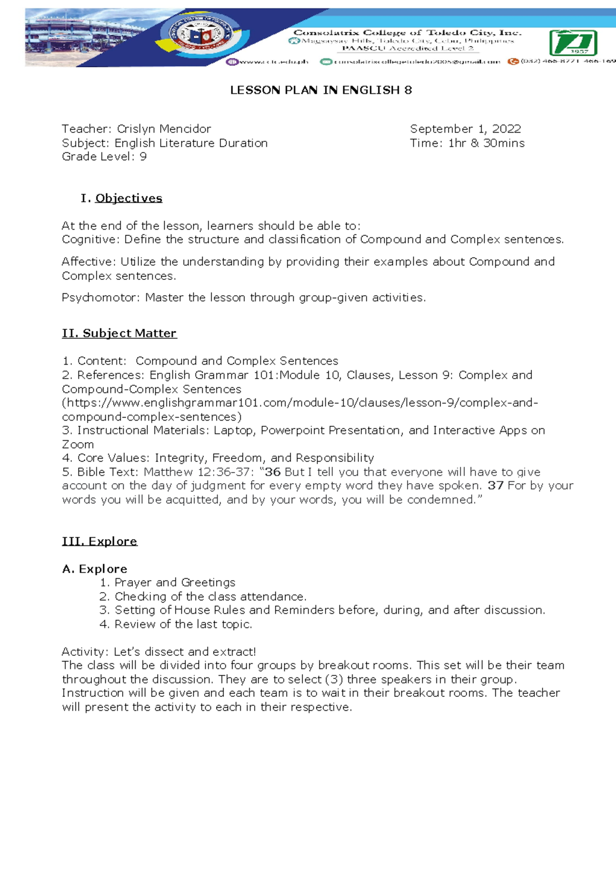 Lesson Plan 8-29-22 - Define the structure and classification of ...