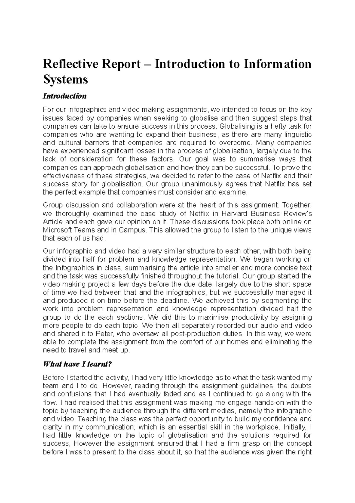 Reflective Report - assignment - Reflective Report – Introduction to ...