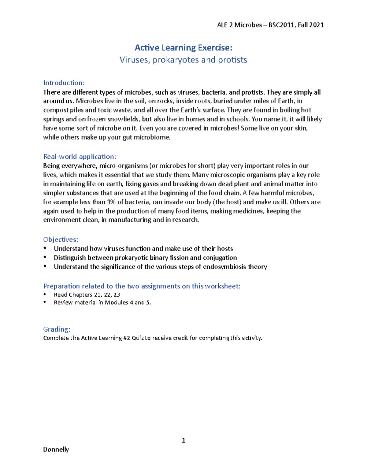 ALE 2 Microbes - Ac#ve Learning Exercise: Viruses, prokaryotes and pro ...