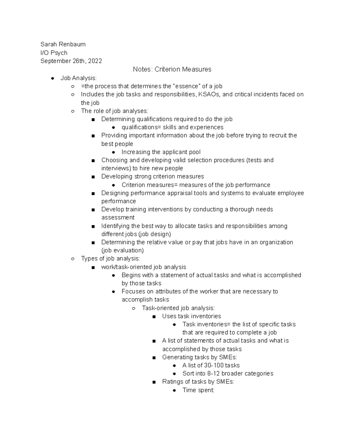 Week 5 Chapter 3-4 Notes - Sarah Renbaum I/O Psych September 26th, 2022 ...