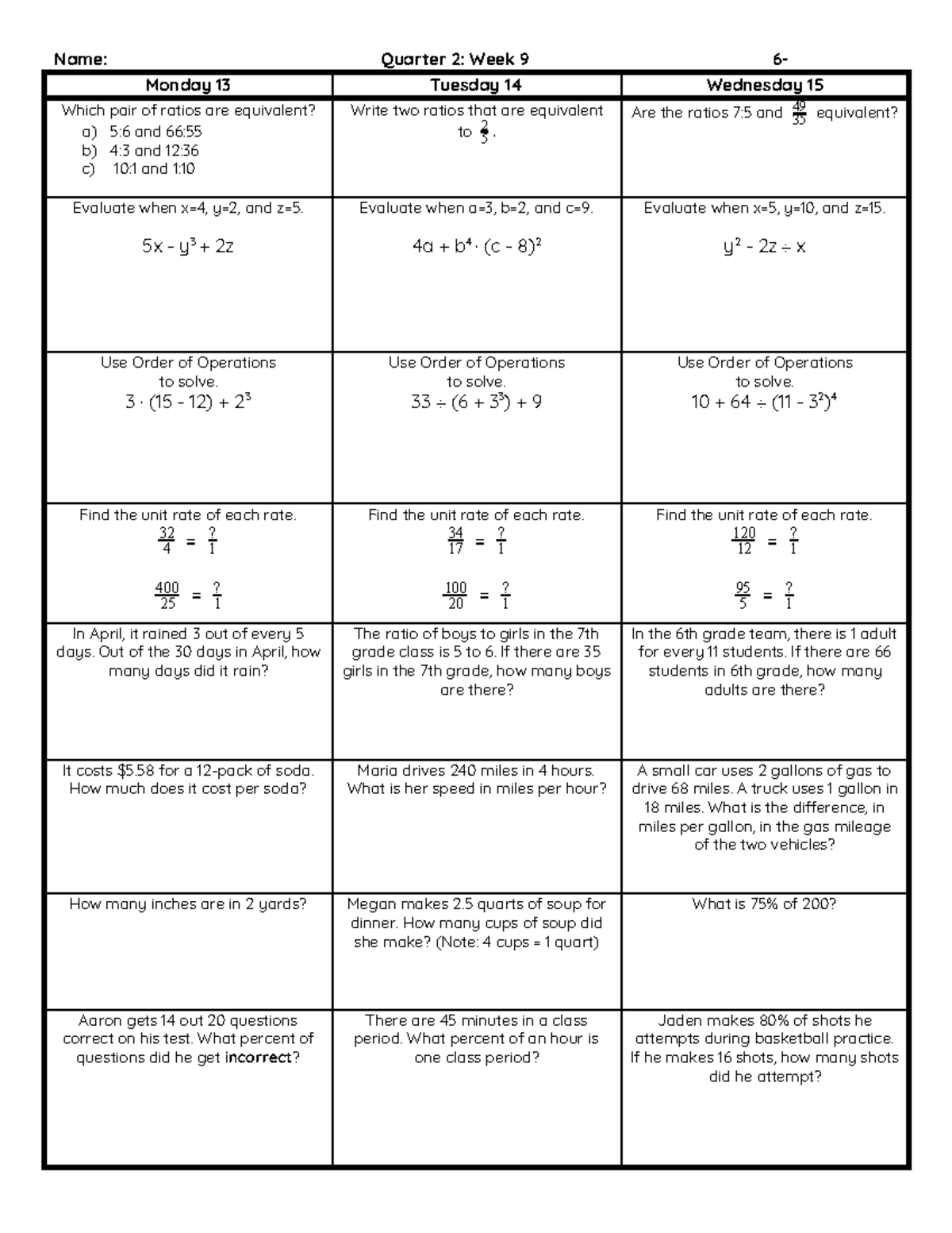 Homework Quarter 2 Week 9 - Name: Quarter 2: Week 9 6- Monday 13 ...