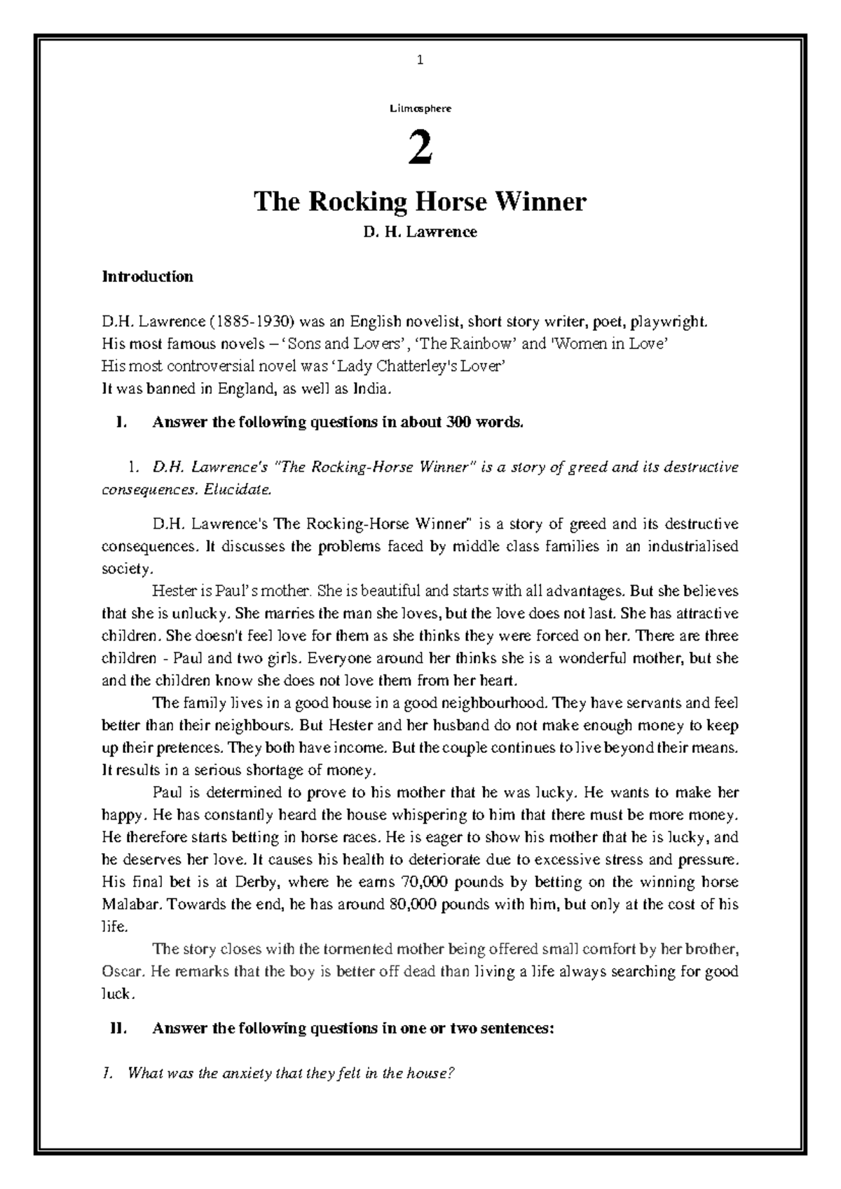 The Rocking Horse Winner Complete Notes - 1 Litmosphere 2 The Rocking ...