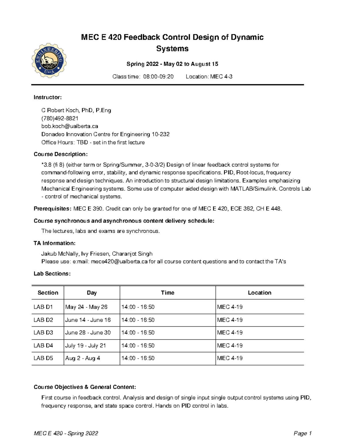 Mece420 syllabus FOE V01 - ####### MEC E 420 Feedback Control Design of ...